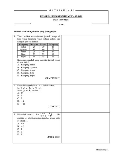Matrikulasi Skolastik 12 Sma Pengetahuan Kuantitatif Paket 1 Layout