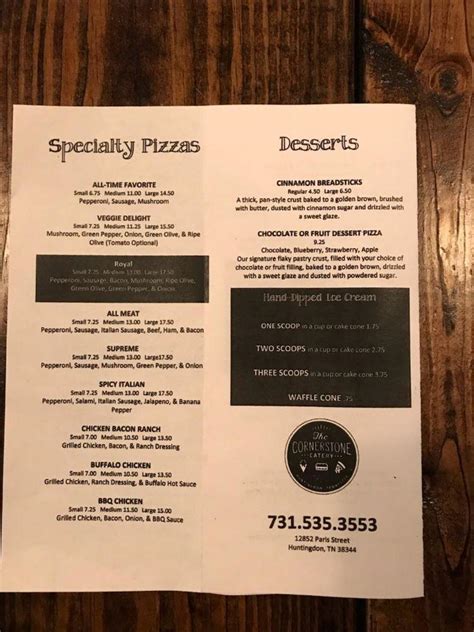Menu At The Cornerstone Eatery Pizzeria Huntingdon