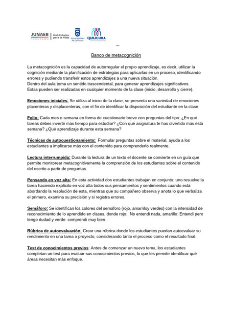 Tecnica 4 Banco De Metacognición Pdf Metacognición Aprendizaje