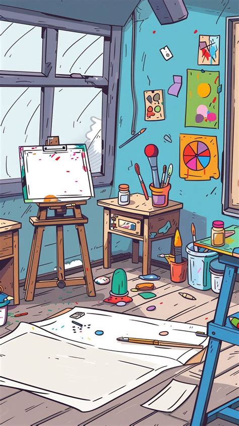 광대가 사용할 미술 작업실의 2d 손으로 그린 만화 일러스트 단순한 색상의 손그림 스타일