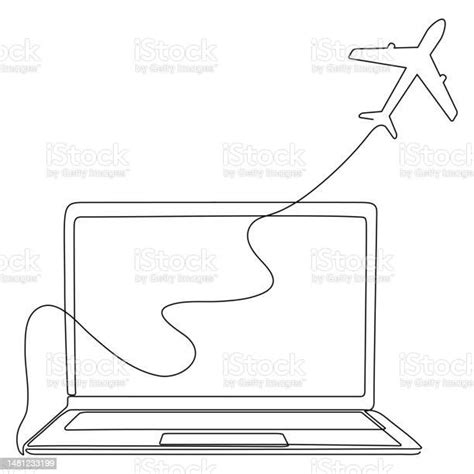 Ordinateur Portable Avec Dessin Au Trait Continu Davion Volant Vecteurs