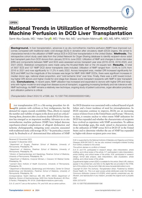 Pdf National Trends In Utilization Of Normothermic Machine Perfusion