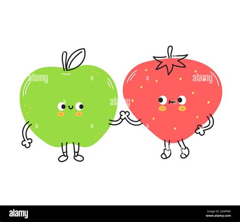 Cute Funny Strawberry And Apple Fruits Vector Hand Drawn Cartoon