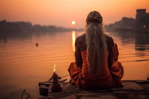 Premium Photo Religious Hindu Elderly Man Sitting On A Rock In The