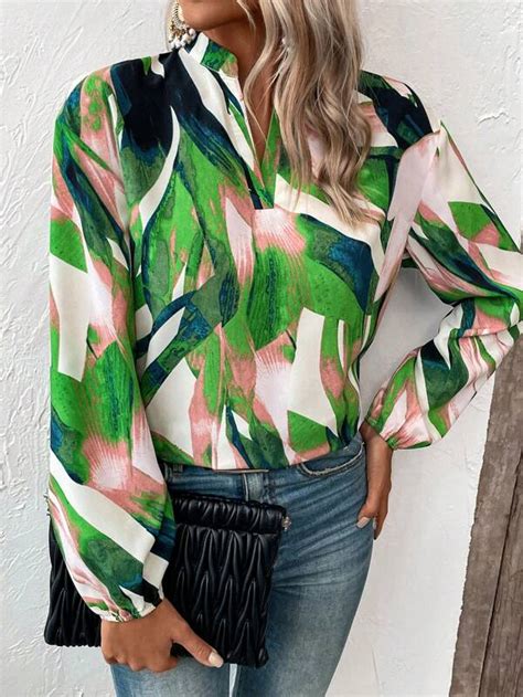 Shein Lune Allover Print Notched Neckline Lantern Sleeve Blouse Shein Usa