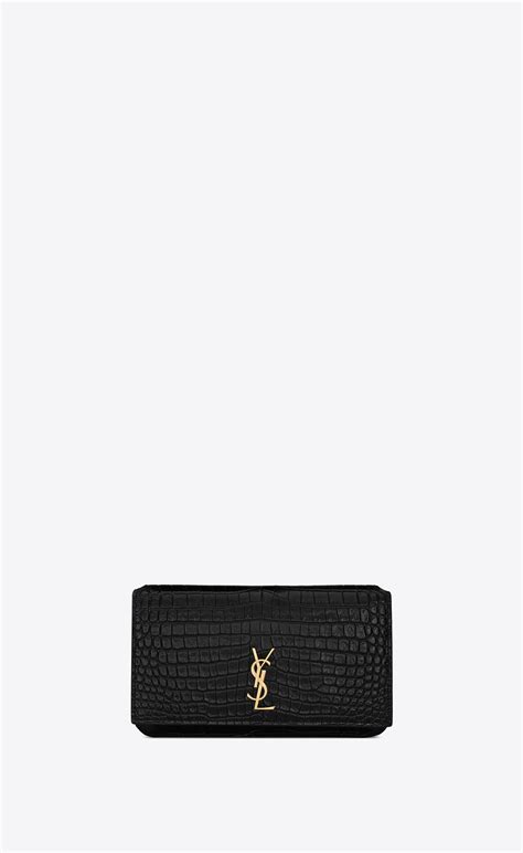 Saint Laurent Cassandre Phone Holder With Strap In Shiny Crocodile