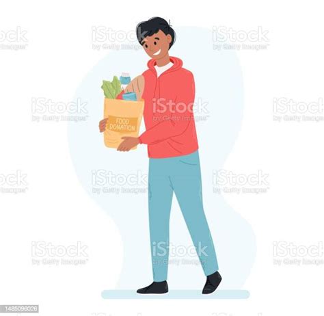 납작한 젊은 남성 자원봉사자가 음식 기부와 함께 종이 봉지를 들고 있다 가난한 사람들에 대한 사회 복지 및 지원 벡터 격리 만화