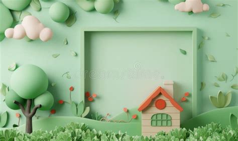 Border Frame With Abstract D Cartoon Tree And House Stock Illustration Illustration Of Tree