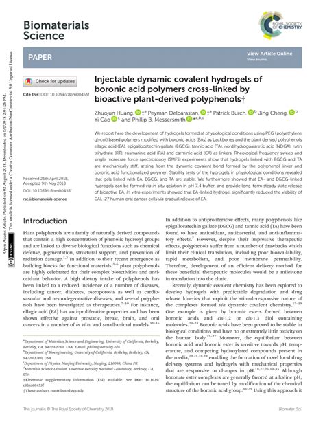 Pdf Injectable Dynamic Covalent Hydrogels Of Boronic Acid Polymers Cross Linked By Bioactive