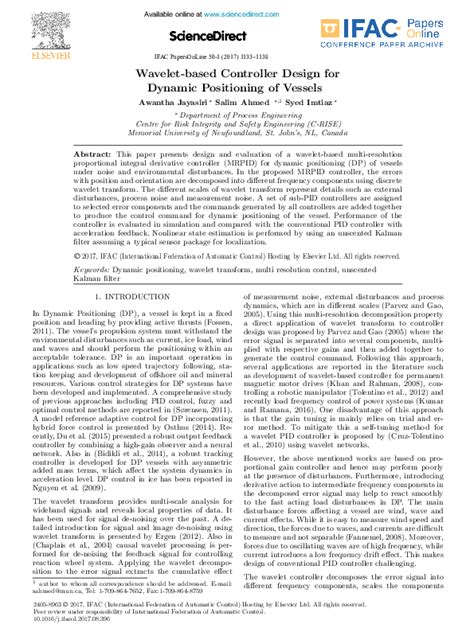 Pdf Wavelet Based Controller Design For Dynamic Positioning Of Vessels Awantha Jayasiri