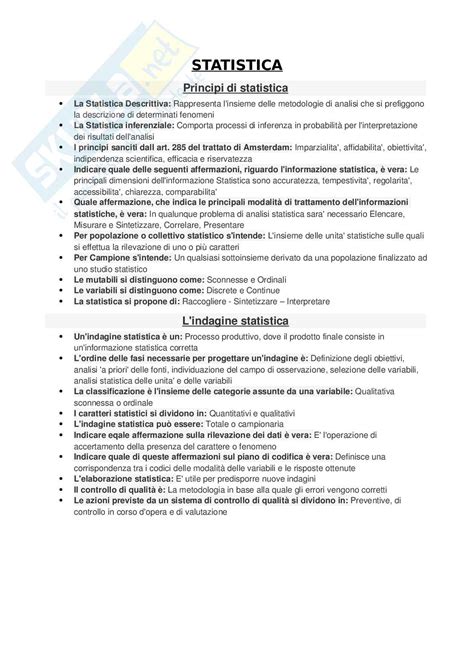 Domande E Risposta Esame Di Statistica Economica