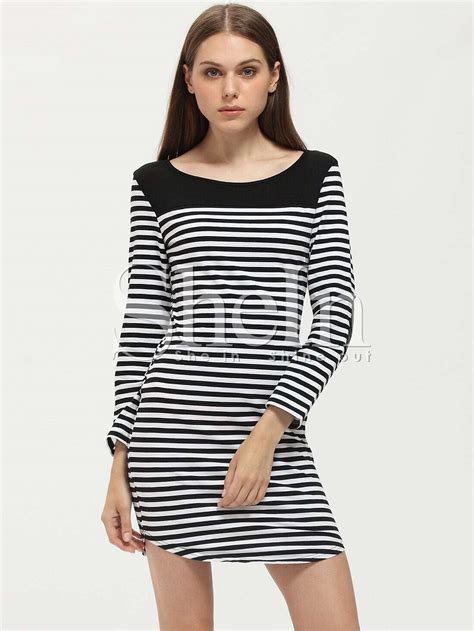 White Black Pullover Long Sleeve Striped Dress Sheinsheinside