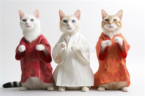 Feline Tai Chi Masters Three Cats In Human Tunics Practicing On White Background Stock