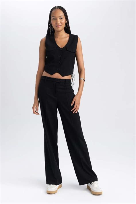 أسود حريمي بنطلون وايد ليج 2907428 Defacto