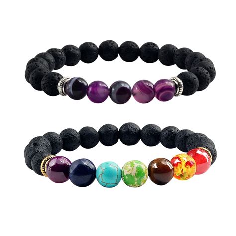 Fashion Men Bracelet 7 Chakra Volcanic Lava Stone Beads Agates Purple