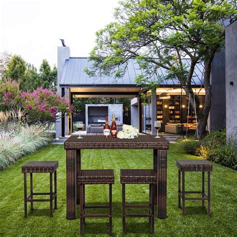 5 Pcs Outdoor Rattan Bar Set Patio Bar Height Set With Cushioned Stool