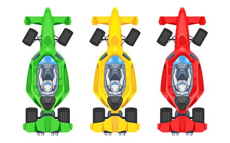 다채로운 빠른 자동차 경주 자동차 포뮬러 1 Bolides 스포츠 경주 차 평면 벡터 아이콘 흰색 배경에 고립의 집합입니다 속도 모터 드라이브입니다 위에서 볼 수 있습니다