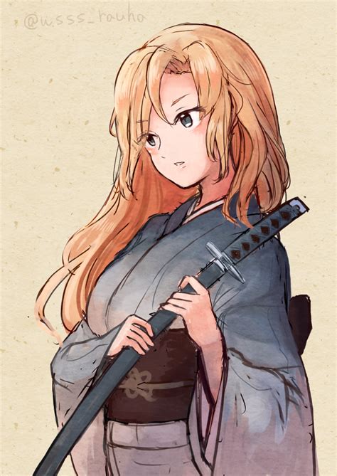 Safebooru 1girl Blonde Hair Blue Kimono Brown Background Grey Eyes