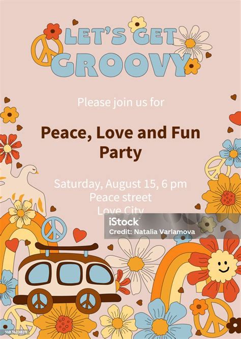 데이지 꽃 복고풍 자동차 무지개로 구성된 멋진 파티 생일 초대장 전단지 복고풍 포스터가 있는 템플릿입니다 텍스트를 위한 공간입니다 벡터 그림입니다 히피에 대한 스톡 벡터