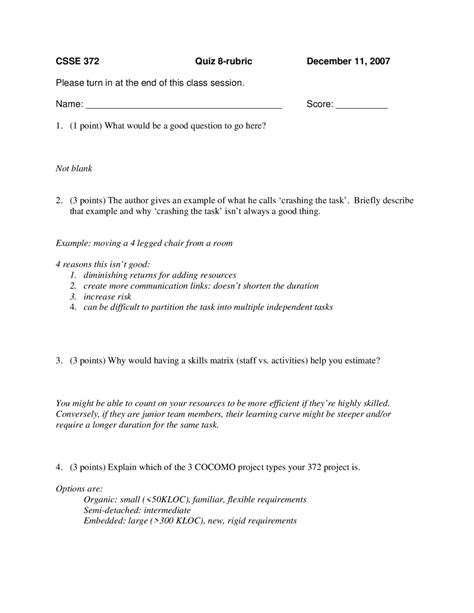 Csse 372 Quiz 8 Project Management And Estimation Quizzes Software
