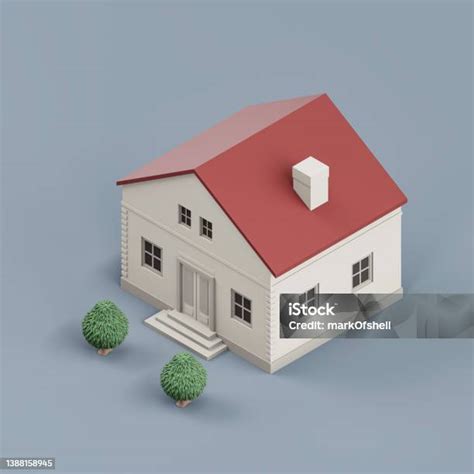 나무가있는 등색 단독 주택 미니어처 단독 주택 모델 흰색과 빨간색 색상 3d 렌더링 하이 레즈 등측투영법에 대한 스톡 사진 및