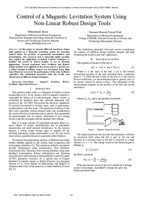 pdf control of a magnetic levitation system using non linear robust