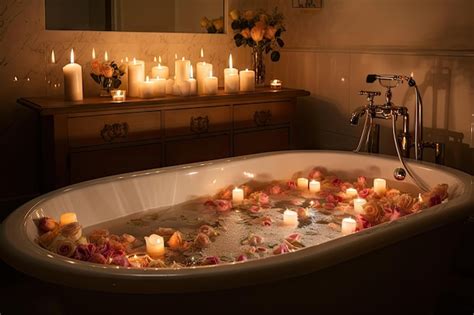 Premium AI Image Candlelit Bathtub Surrounded By Candles And Fresh Blooms Created With