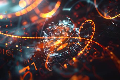 D 컨셉의 공식 기호 및 네트워크 그리드를 특징으로하는 미래학적 수학적 디자인 수학적 설계 기호 네트워크 그리드 미래학적