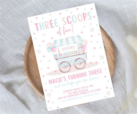 Editable Ice Cream Truck Three Scoops Of Fun 3rd Birthday Party