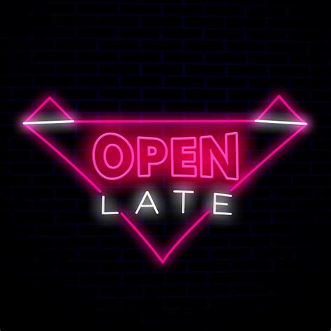 Open Late Neon Sign Glowing Pink And White Sign On Dark Brick Wall