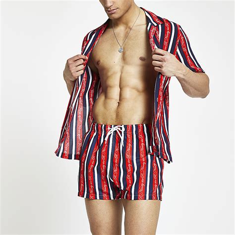 Red R96 Stripe Swim Shorts River Island