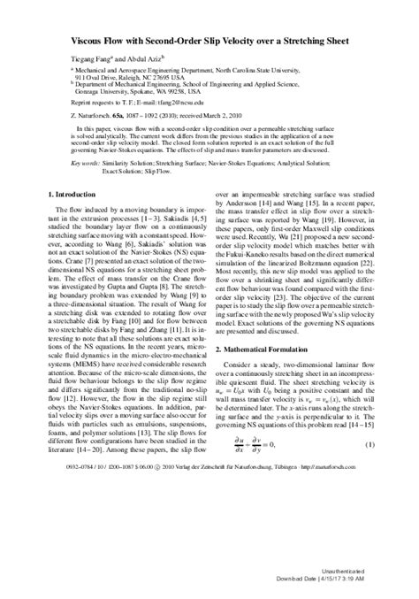 Pdf Viscous Flow With Second Order Slip Velocity Over A Stretching Sheet