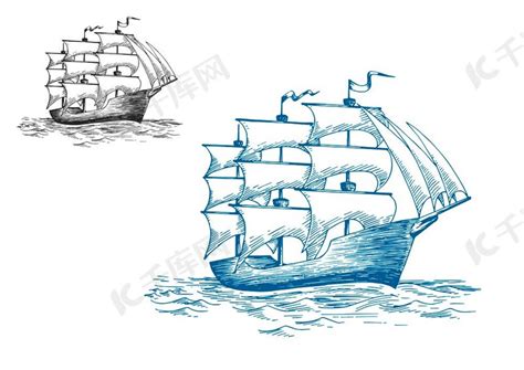 三桅旧木帆船或高大的船在海洋上全速航行，素描图像。背景图片免费下载 海报banner 高清大图 千库网 图片编号6277773
