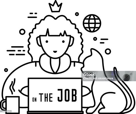 프리랜서 라인 아이콘 기호 벡터 그림 집에서 일하는 프리랜서 노트북 커피 컵 고양이 원격 작업 또는 집에서 작업의 개념 아웃소싱 직원 개발자 또는 웹 디자이너 가상 비서에