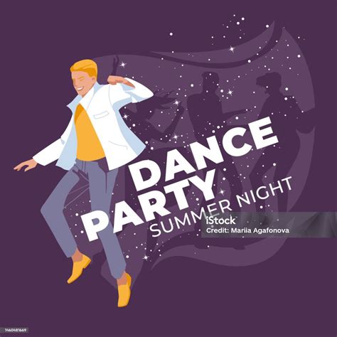 나이트 클럽 광고 디자인 한 청년이 춤을 추고 있다 우주와 행성의 배경에 춤추는 사람들의 실루엣 고고 댄서에 대한 스톡 벡터 아트 및 기타 이미지 Istock