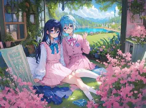 ブルーとピンク2 Aiイラスト 眼鏡っ娘 眼鏡 百合 メガネ 少女 風景 ピンク髪