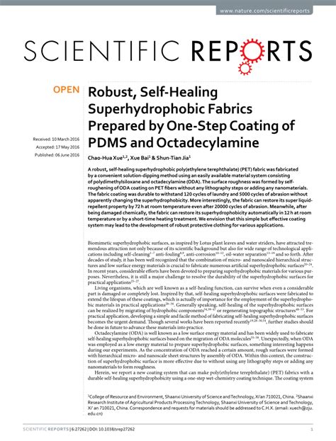 Pdf Robust Self Healing Superhydrophobic Fabrics Prepared By One Step Coating Of Pdms And