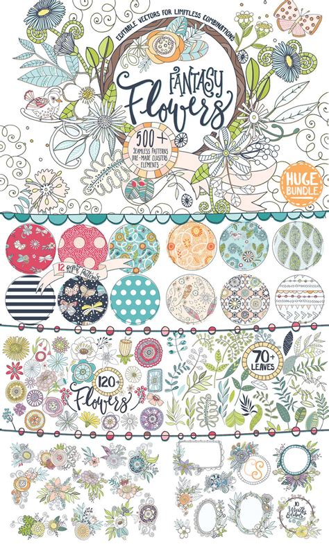 Fantasy Flowers Floral Vector Design Set