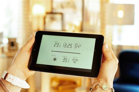 Closeup On Smart Home Weather Station In Hands Of Housewife Stock Photo Image Of Innovations