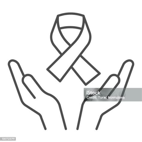 암 테이프 얇은 라인 아이콘을 들고 손 세계 암의 날 개념 흰색 배경에 세계 에이즈의 날 기호 모바일 웹에 대한 개요 스타일에