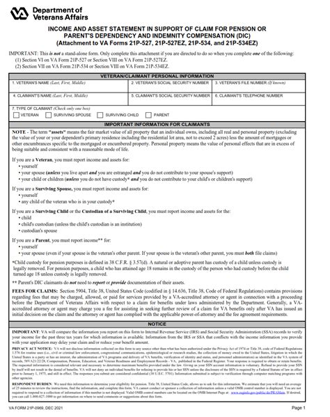 Va Form 21p 0969 Income And Asset Statement In Support Of Claim For