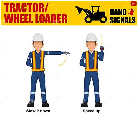 Set Of Worker Present Tractor Wheel Loader Hand Signal On White