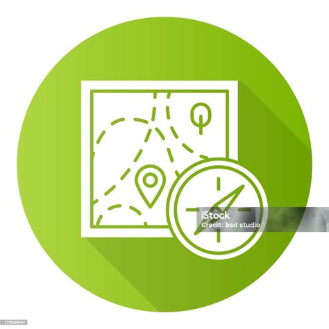 발 오리엔티어링 그린 플랫 디자인 긴 그림자 문일 표시 지형도 및 나침반 익숙하지 않은 지형에서 탐색 내비게이션 장비 하이킹