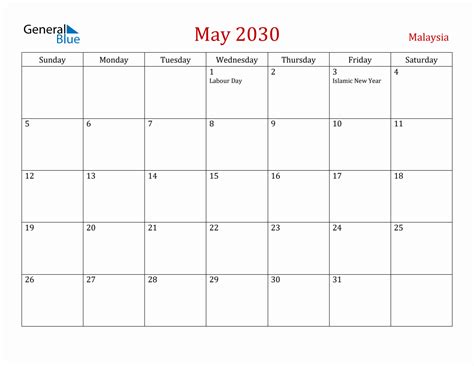 May 2030 Malaysia Monthly Calendar With Holidays