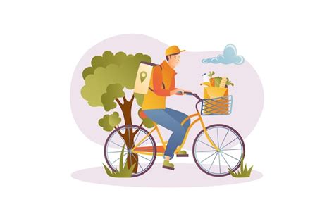 평평한 만화 스타일의 사람 장면이 있는 음식 배달 개념 Courier는 고객에게 음식을 배달합니다 프리미엄 벡터