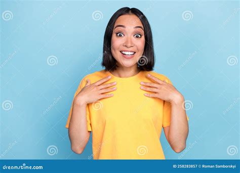 Photo Of Young Adorable Cute Attractive Girl Wear Yellow T Shirt Touch