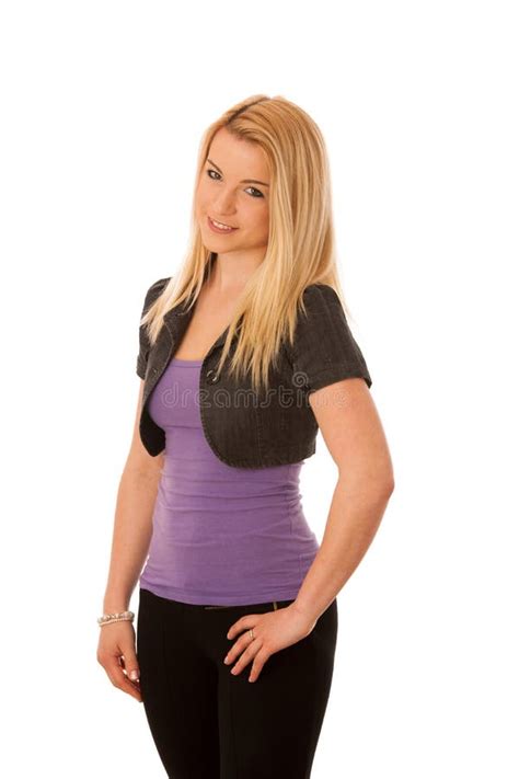Cute Blonde Woman Standing Casual Dress Isolated Over White B Stock
