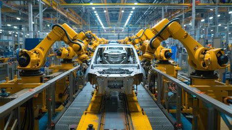 Futuristic Robotic Assembly Line Hums In Automotive Factory Depicting A Scene Of Advanced