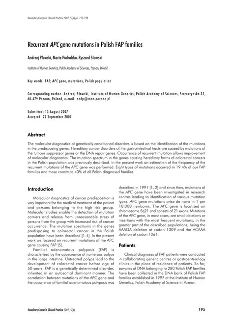 Pdf Recurrent Apc Gene Mutations In Polish Fap Families