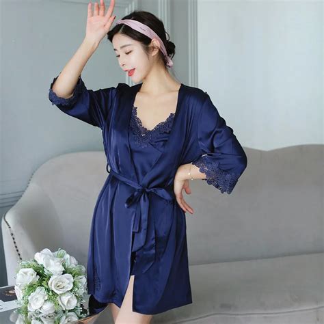 Red Silk Nightgowns Satin Nightwear Sets 3 Piece Women Pajamas Robe